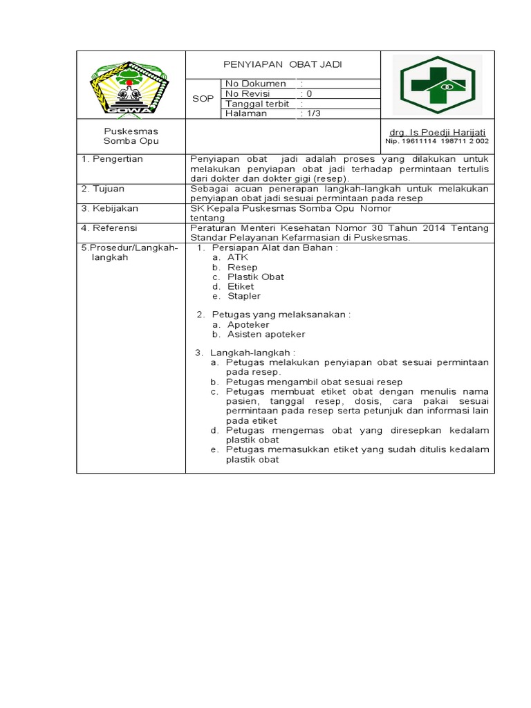 Prosedur Penyiapan Obat Jadi di Puskesmas | PDF
