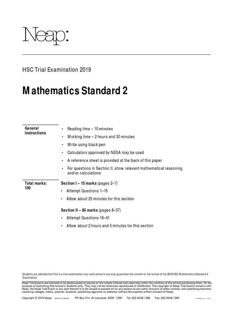 2019 NEAP Mathematics Standard 2 Question and Answer Booklet | PDF