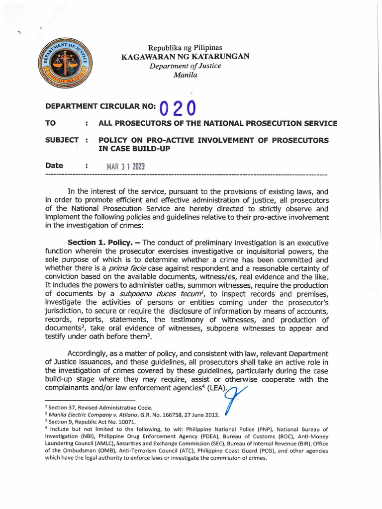 DOJ Circular No. 20: Prosecutor Guidelines | PDF | Prosecutor | Witness