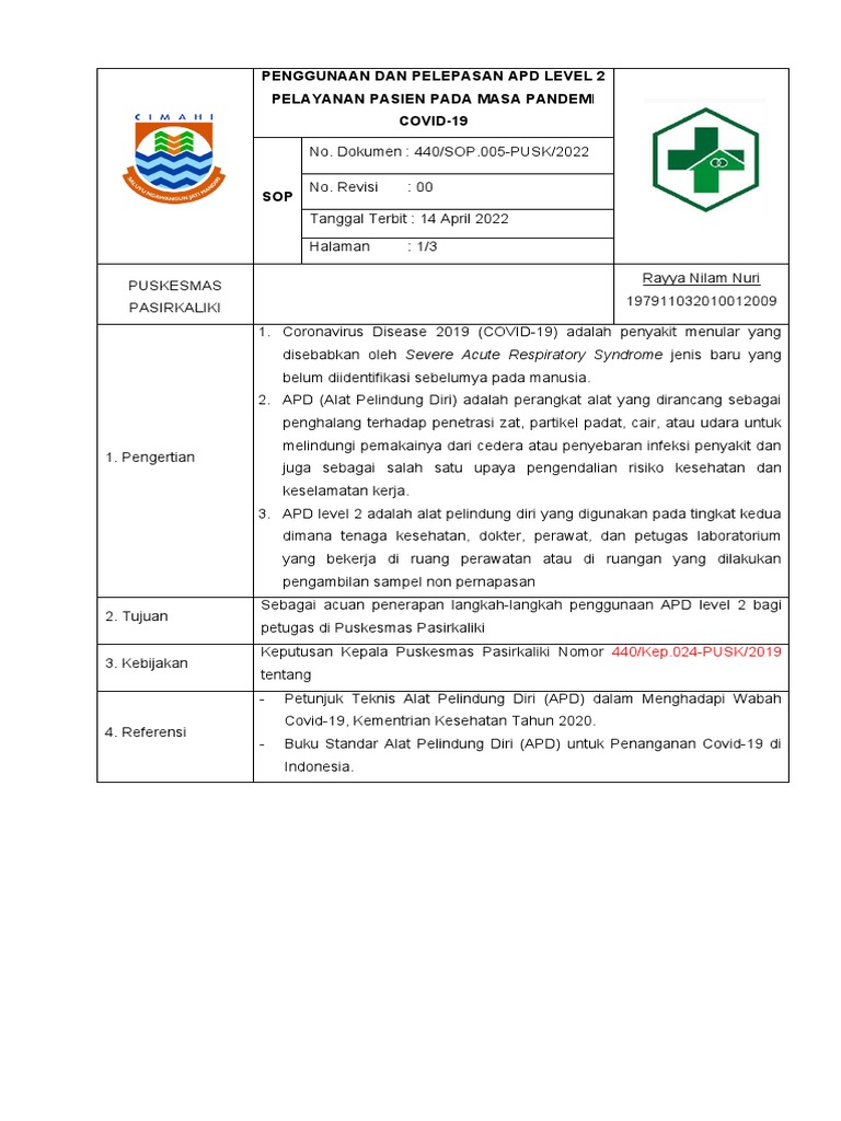 SOP PPI 2.1 Penggunaan Dan Pelepasan APD Level 2 - PKM Pasirkaliki | PDF