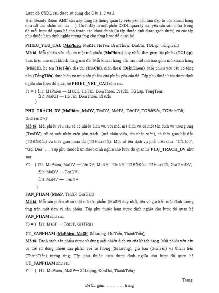 Đề thi CK CSDL 1 | PDF