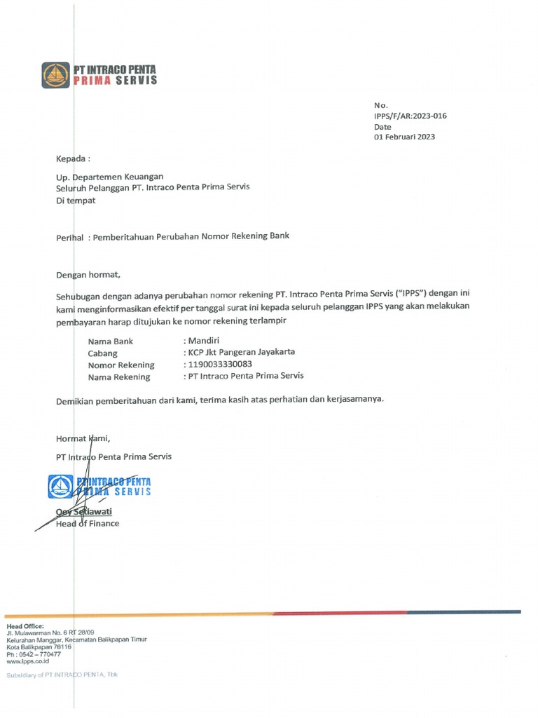 Surat Pemberitahuan Perubahan Nomor Rekening Ipps | PDF