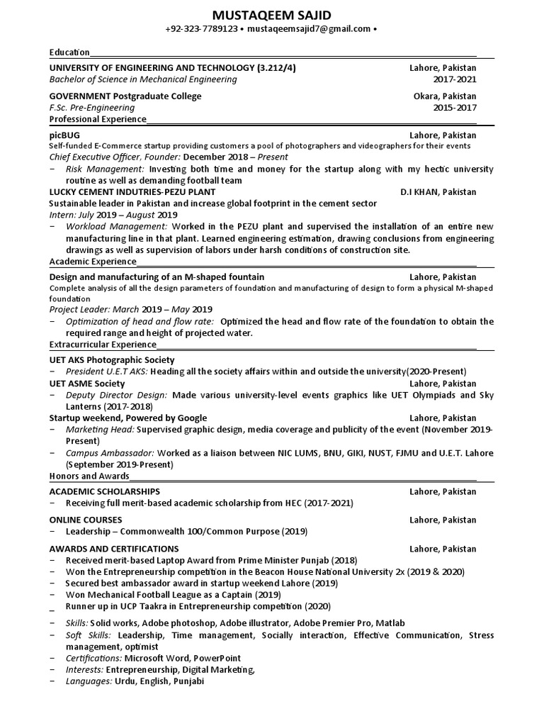 Mustaqeem Sajid RESUME | Download Free PDF | Pakistan | Business
