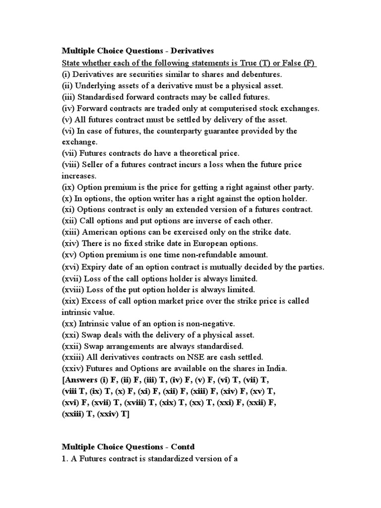 MCQ Derivatives | PDF | Option (Finance) | Put Option