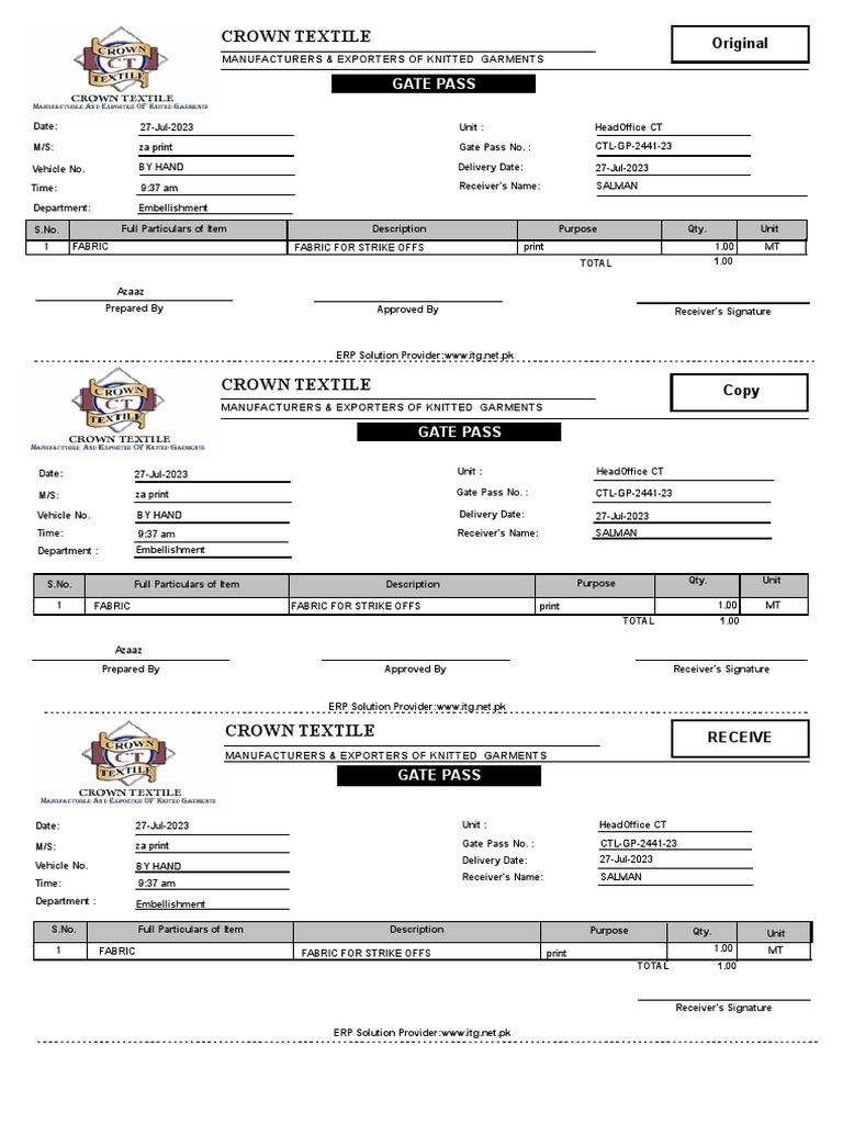 Gate Pass Report CTL GP 2441 23 | PDF | Textiles | Textile Industry