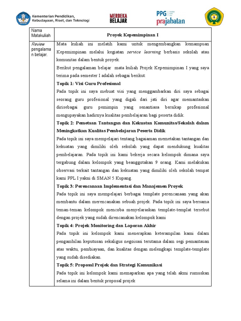 Jurnal Refleksi MK. Projek Kepemimpinan 1 | PDF