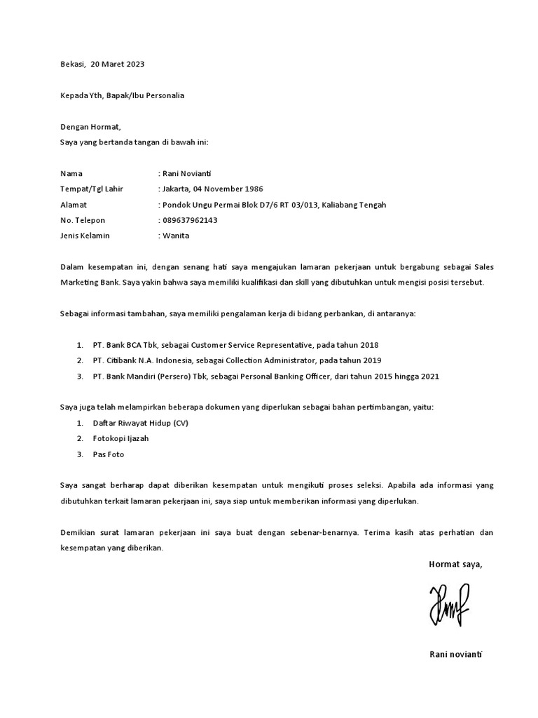 Surat Lamaran Kerja - Bank Danamon | PDF