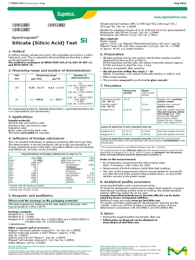 Silicate (Silicic Acid) Test: Spectroquant | PDF