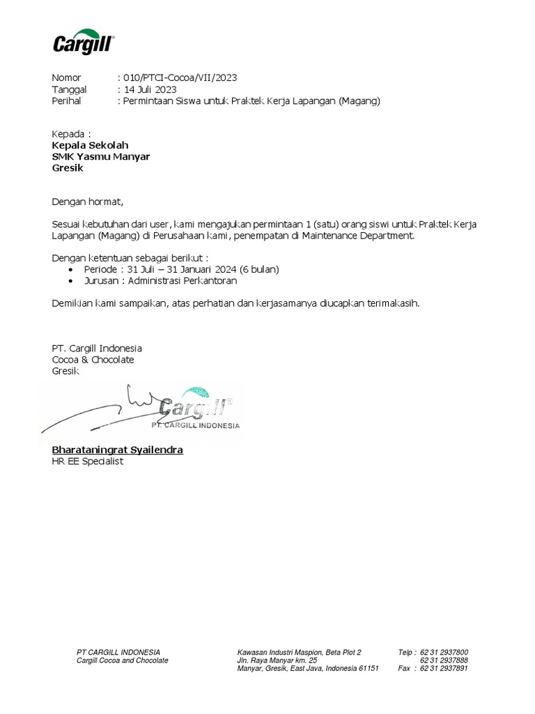 010-Surat Permintaan Siswa PKL SMK Yasmu Manyar | PDF