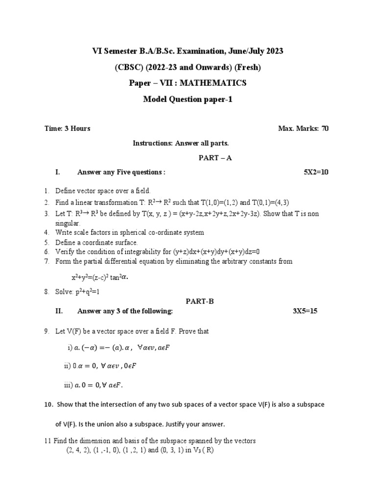 Paper 7 Model Question Paper-1 | PDF | Linear Map | Linear Subspace