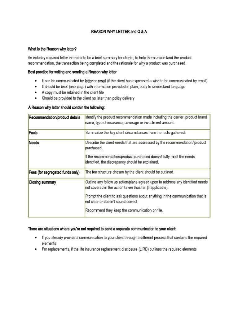 Reason Why Letter - Information - Q & A | PDF | Insurance | Communication
