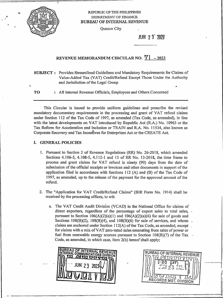 BIR RMC 71-2023 Streamlined VAT Refund Process | PDF