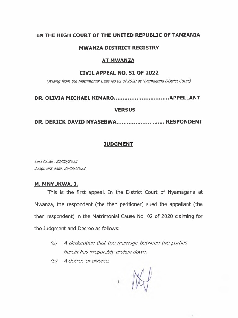 DR Olivia Michael Kimaro Vs DR Derick David Nyasebwa (Civil Appeal No ...