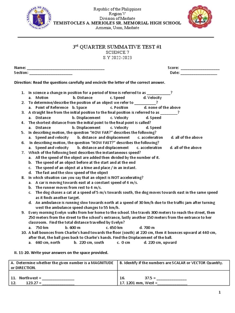 Grade 7 Science 3rd Quarter Test | PDF | Speed | Velocity
