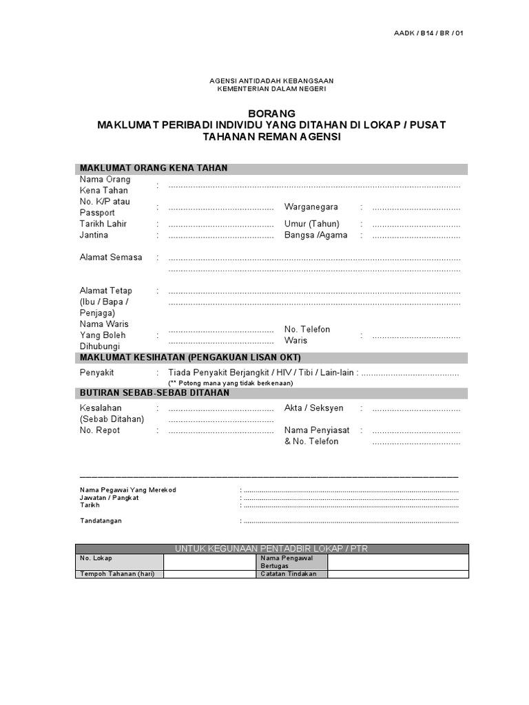 (Borang AADK-B14-BR-02) BORANG MAKLUMAT PERIBADI TAHANAN | PDF
