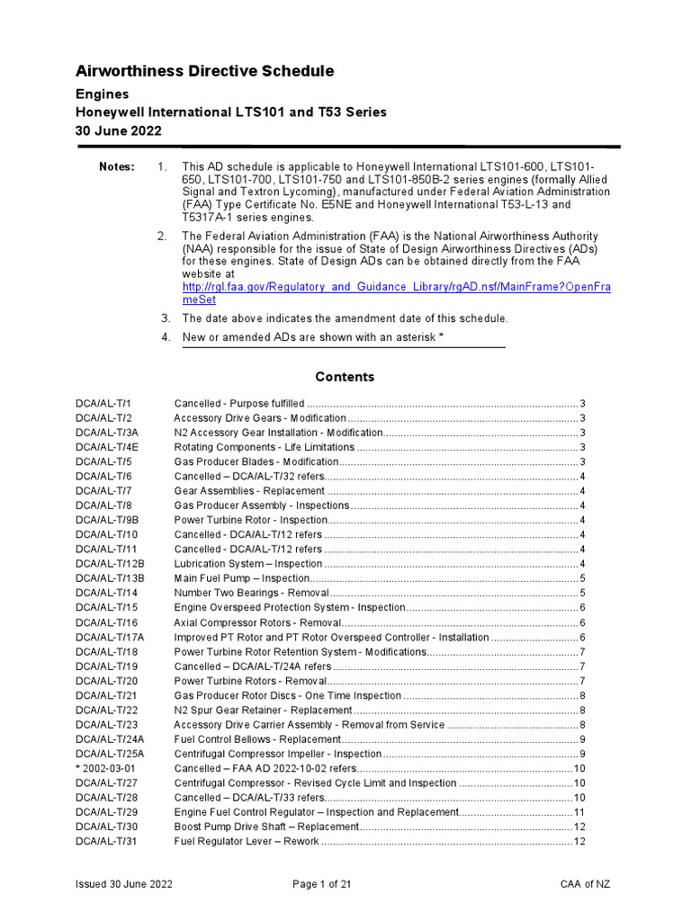 Airworthiness Directive Schedule: Engines Honeywell International ...