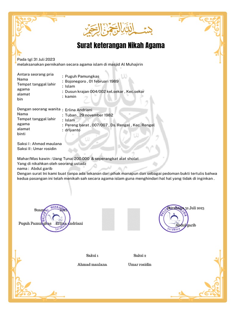 Contoh Surat Nikah Siri 2023 | PDF