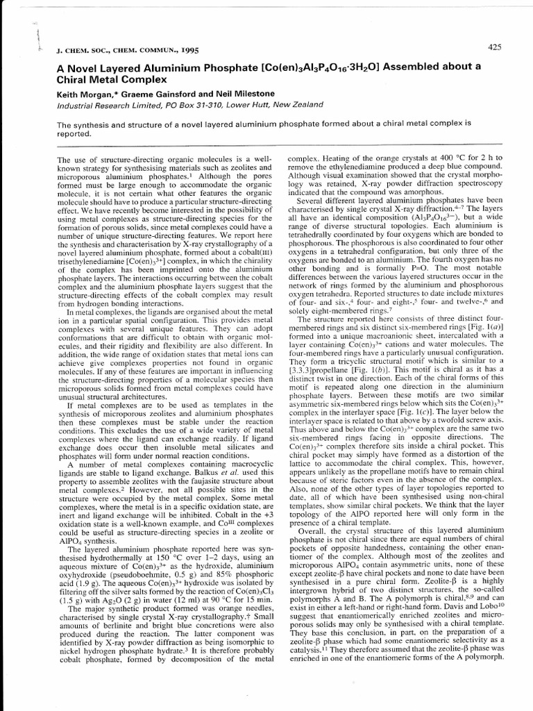 A Novel Layered Aluminium Phosphate (Co (En) 3Al3P4O16.3H2O) Assembled About A Chiral Metal ...