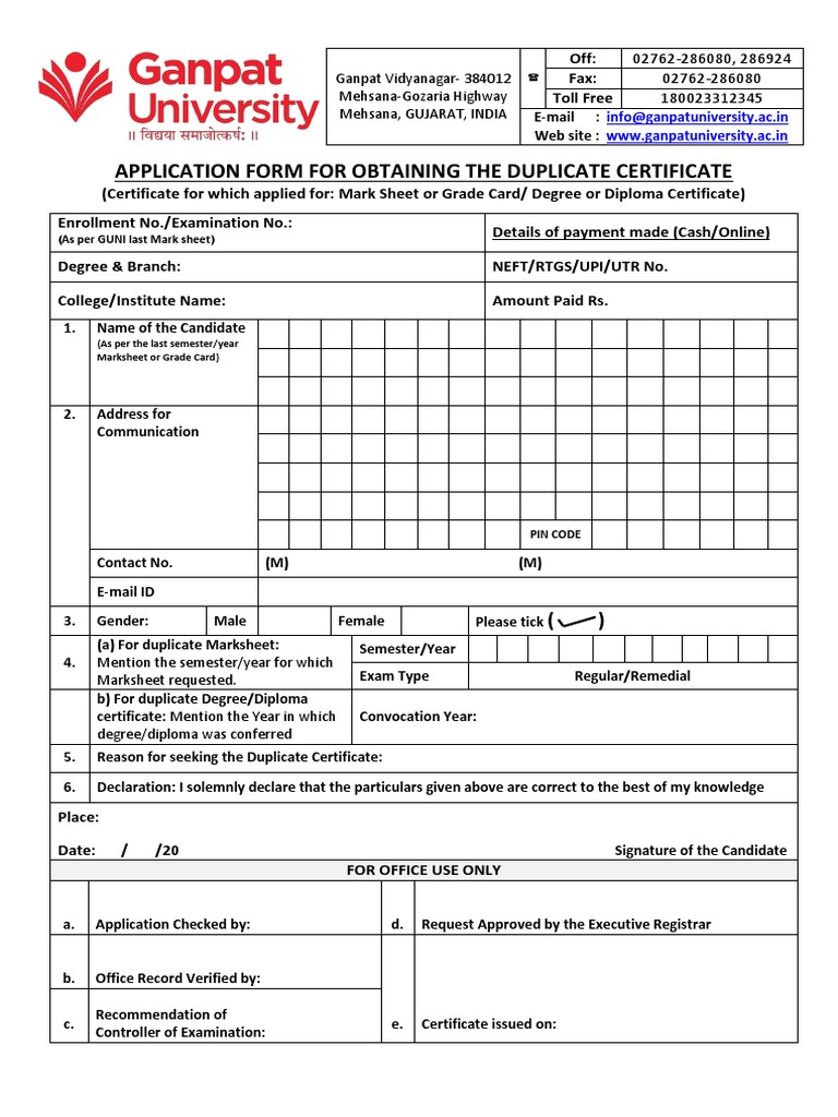 Application For Duplicate Certificate Pdf