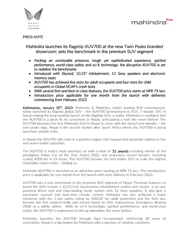 Final English - Press Note - Mahindra - XUV700 in Nepal | PDF