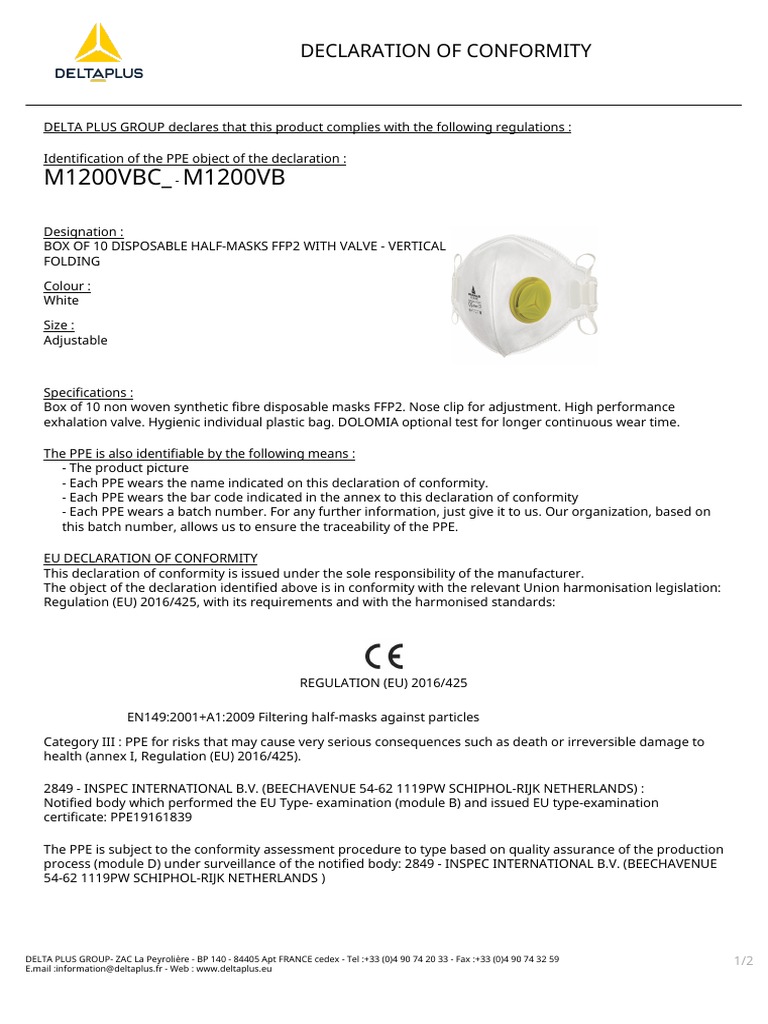 Delta-Conformity-Declaration - M1200VBC | PDF | Personal Protective ...