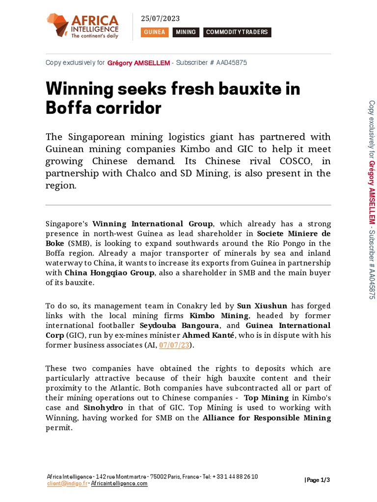 Winning Seeks Fresh Bauxite in Boffa Corridor | PDF | Guinea | Economies