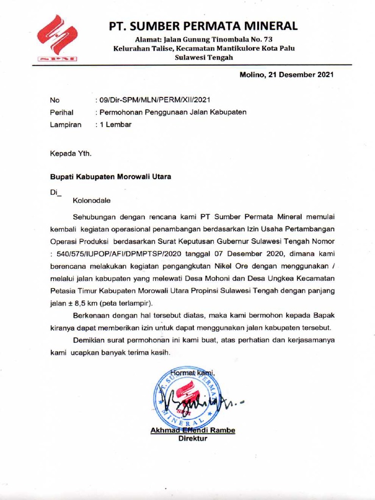 Surat Permohonan Penggunaan Jalan Kabupaten | PDF