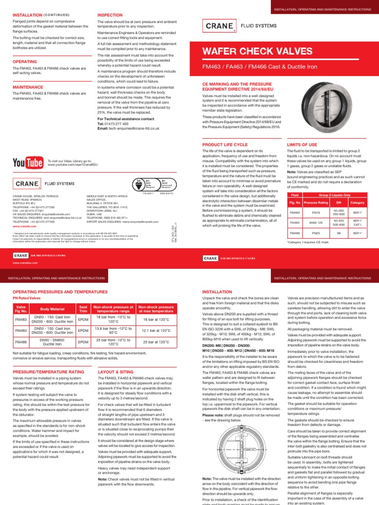 Crane FS FM463 FA463 FM466 Wafer Check Valves IOM 1020 | PDF | Valve ...
