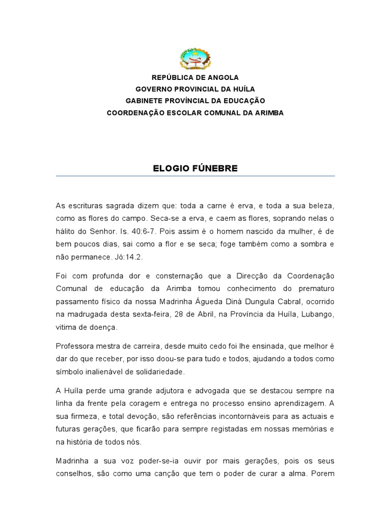 Elogio Fúnebre à Professora Águeda Cabral | PDF