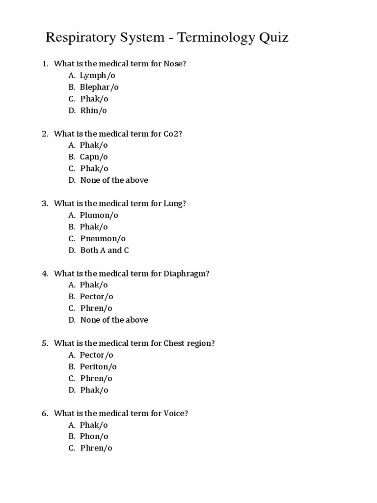 Respiratory System Terminoloy Quiz | PDF