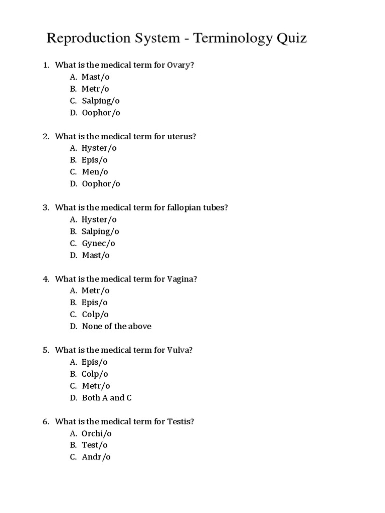 Reproduction System Terminology Quiz | PDF | Vagina | Uterus