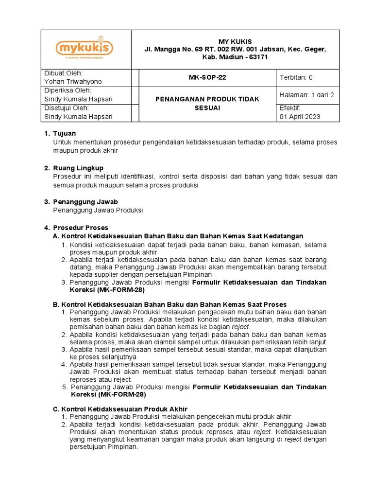 SOP 22 Penanganan Ketidaksesuaian Produk | PDF