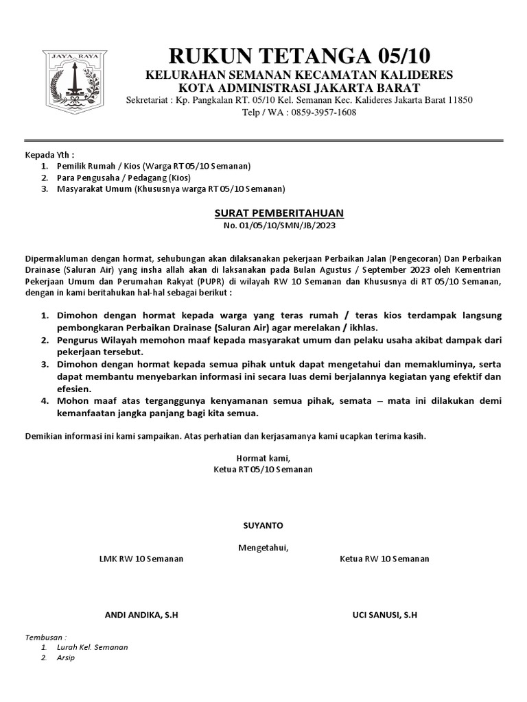Surat Pemberitahuan Perbaikan Jalan Dan Drainase RT 0510 | PDF