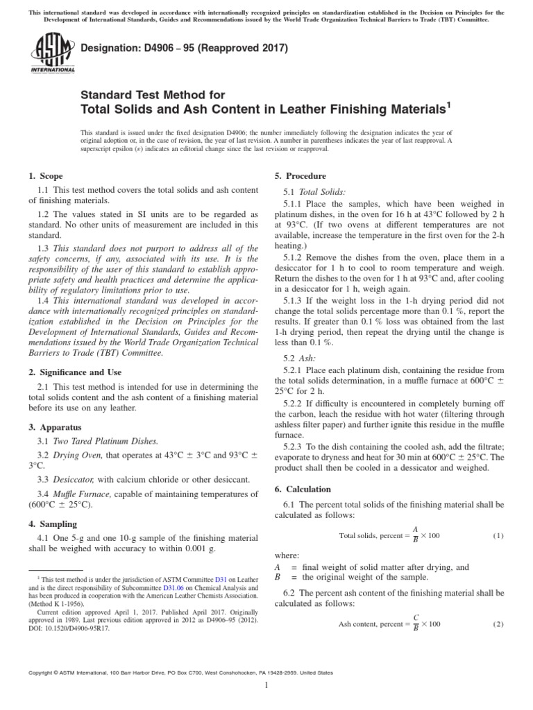 Total Solids and Ash Content in Leather Finishing Materials: Standard ...