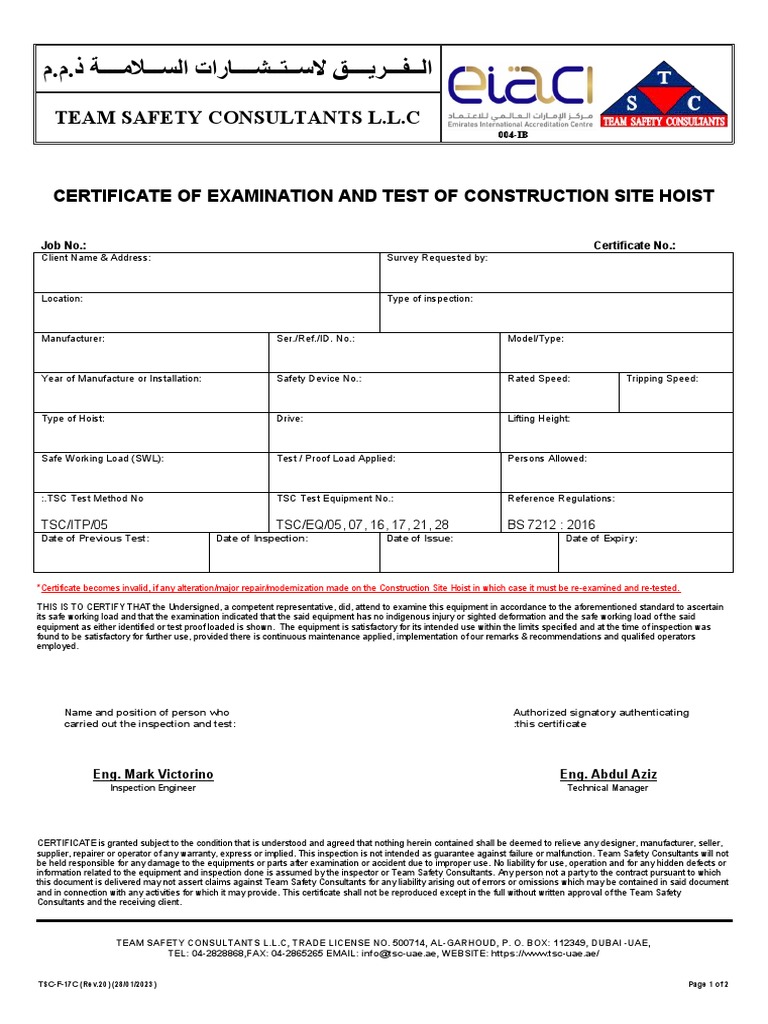 Construction Site Hoist Inspection Certificate | PDF | Legal Liability