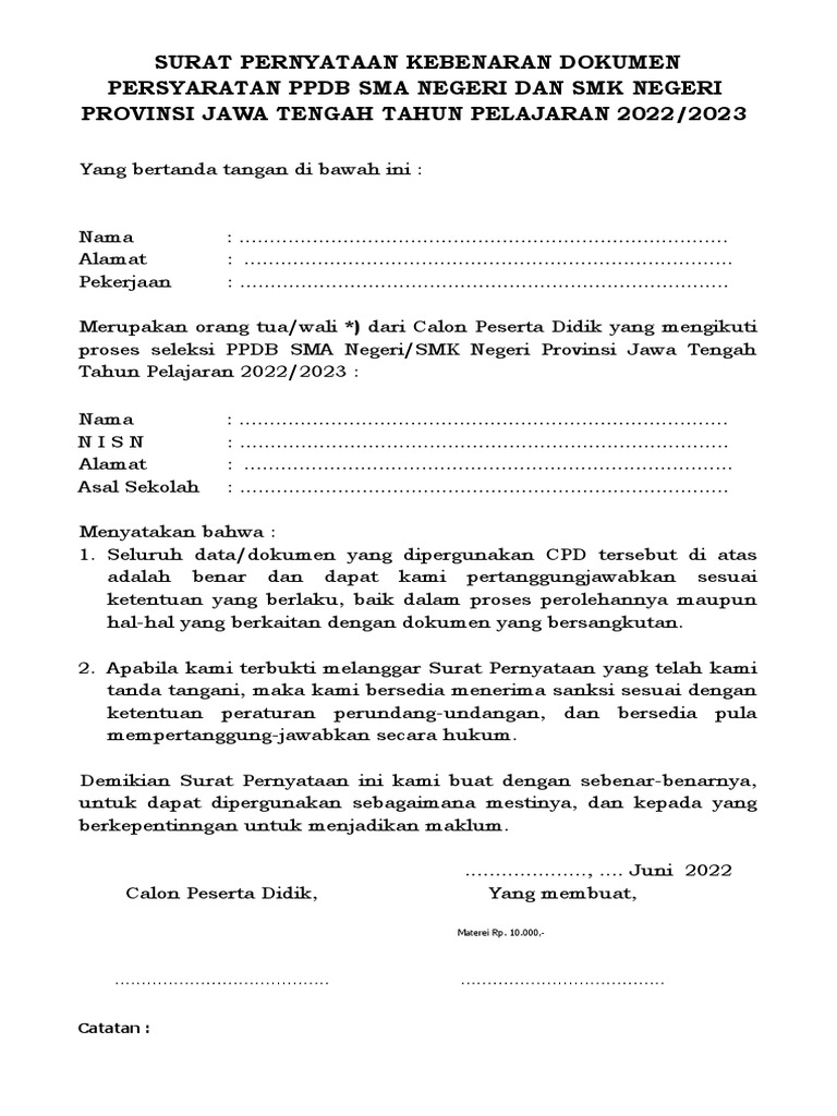 Surat Pernyataan Kebenaran Dokumen PPDB | PDF