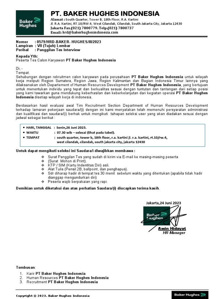 FIle Undangan Interview PT Baker Hughes Indonesia | PDF