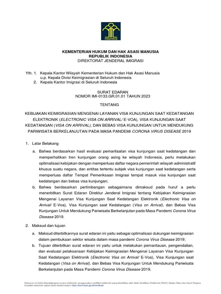 Kebijakan E-VOA dan Visa Kunjungan 2023 | PDF