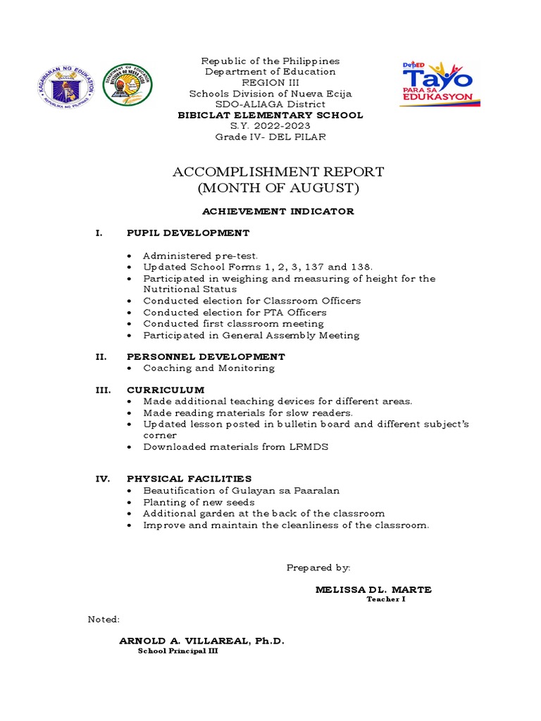 Accomplishment Report Sample | PDF | Teachers | Curriculum