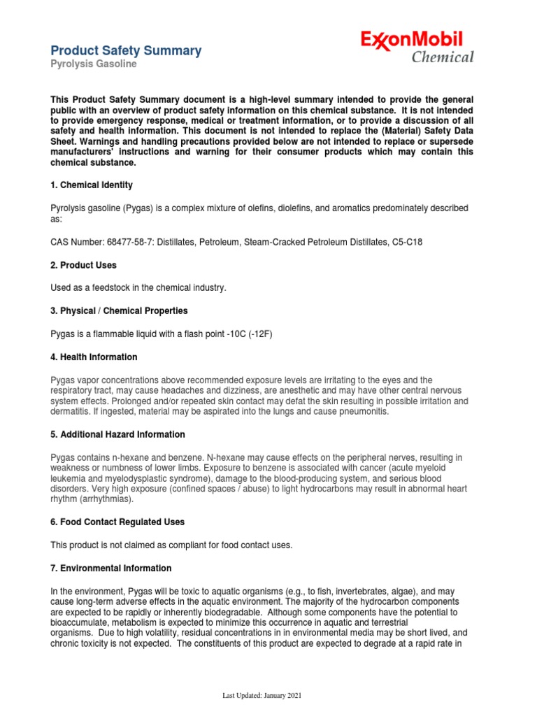 Pygas Product Safety Summary | PDF | Benzene | Gasoline