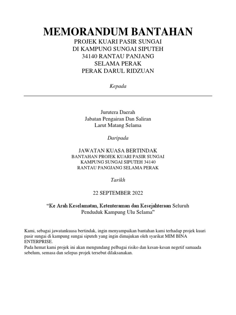 Memorandom Bantahan Projek Pasir Ulu Selama | PDF