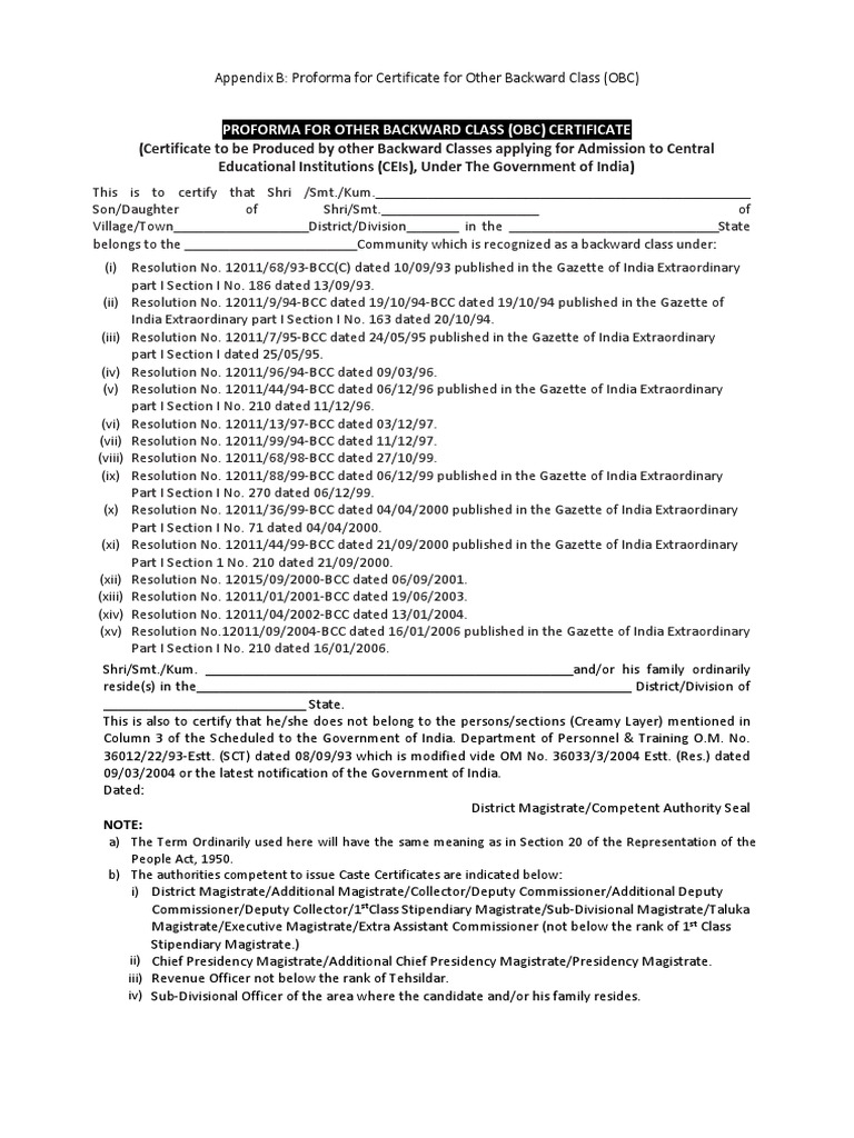 OBC Certificate Proforma for Admission | PDF | Politics Of India ...