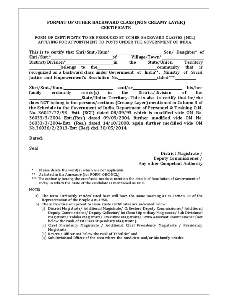 OBC Caste Certificate Format | PDF | South Asia | Justice OBC Caste Certificate Format | PDF | South Asia | Justice
