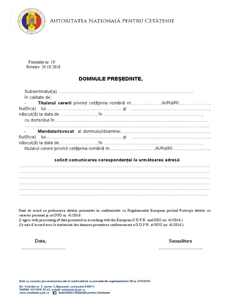 Formular 19 Cerere Comunicare Corespondenta La o Adresa Specificata ...