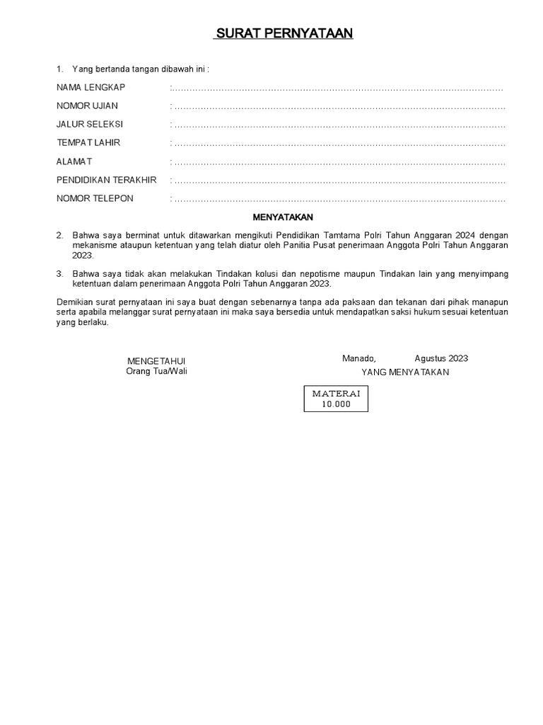 Surat Pernyataan Berminat Ke Tamtama | PDF