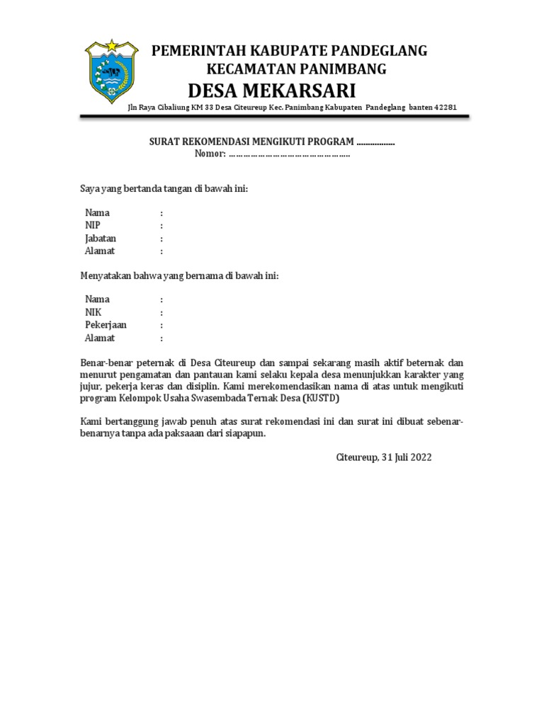 Surat Rekomendasi Kepala Desa | PDF