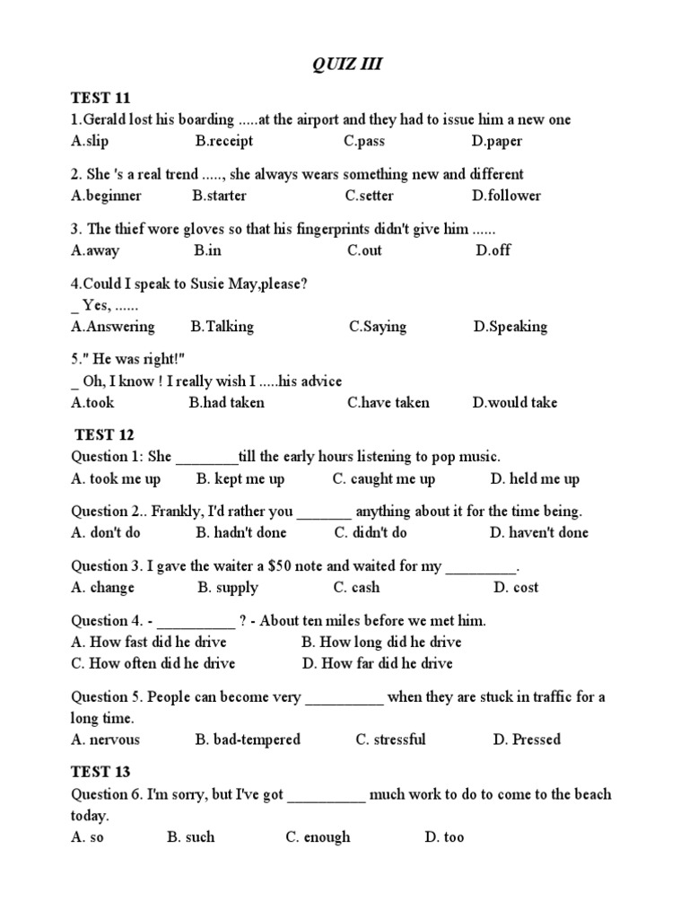 English Language Quiz Questions | PDF