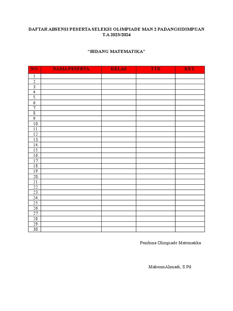 Daftar Absensi Olimpiade MAN 2 2023/2024 | PDF