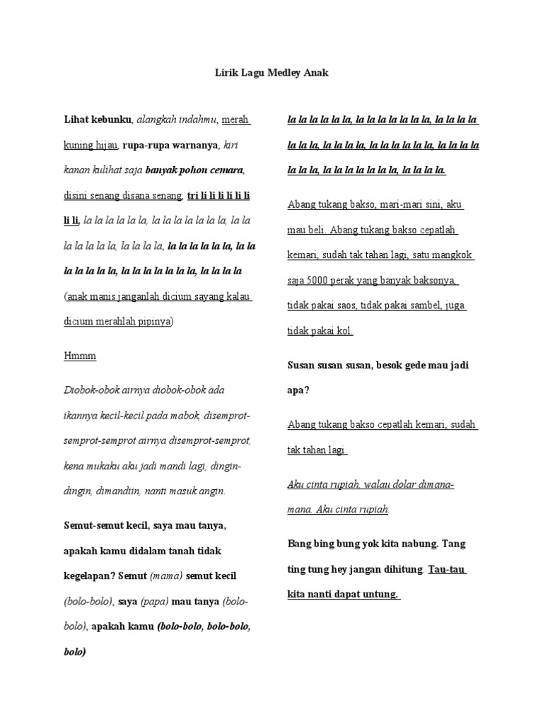 Lirik Medley Lagu Anak-Anak | PDF