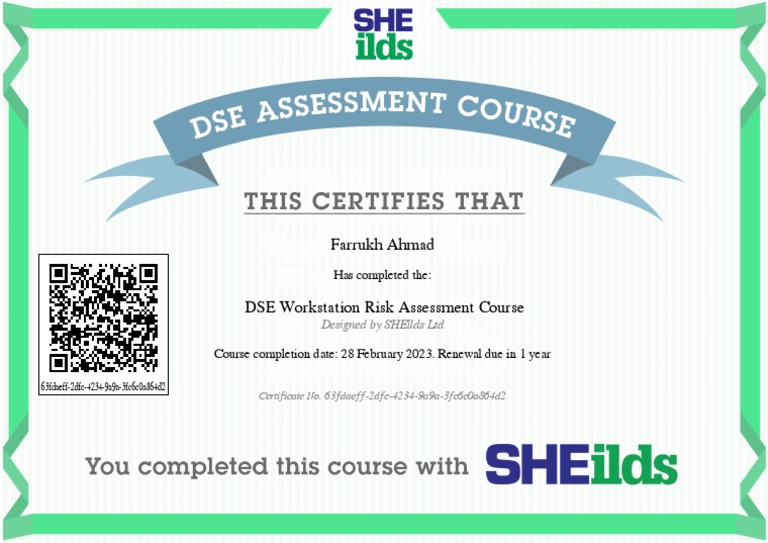 DSE Workstation Risk Assessment Course-Course Completion Certificate ...